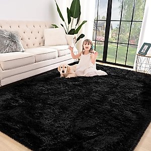Jelymark Super Soft Shaggy Rug for Bedroom, 5x8 Feet Fluffy Carpet for Living Room, Fuzzy Indoor Plush Area Rug for Home Decor, Furry Floor Rugs for Dorm, Kids Nursery Rug for Girls, Black