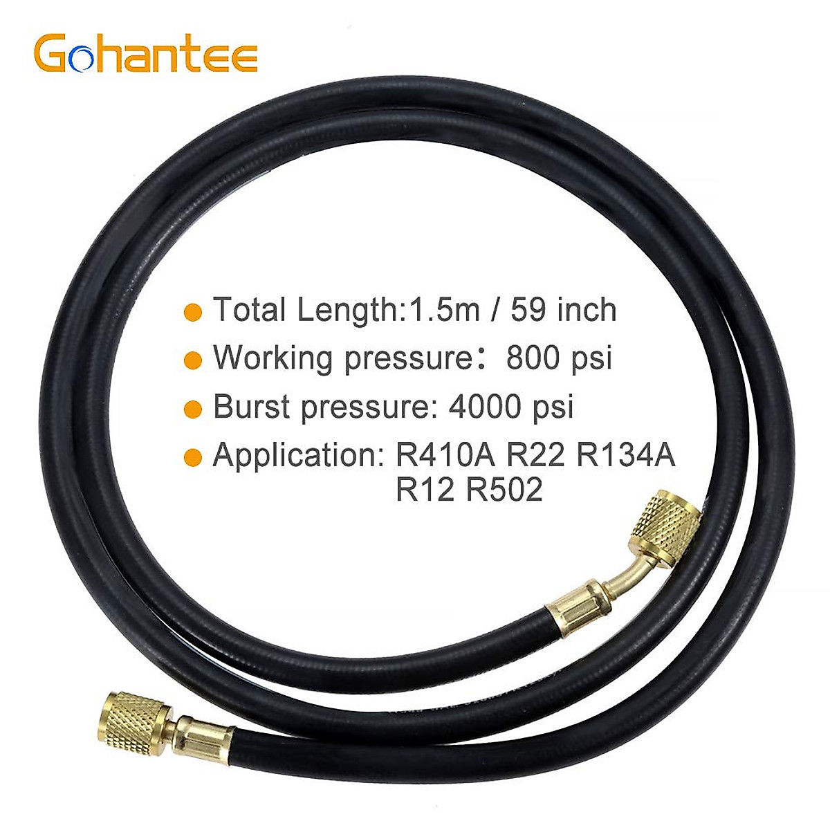 R410A AC Refrigerant Charging Hoses, 59“ HVAC Charging Hose with 1/4’’ SAE Female Flare, 800PSI Working Pressure for R410A R22 R134A R12 R502 Air Condition System Maintenance
