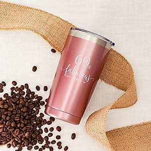 Crisky 60 & Fabulous Vacuum Insulated Tumbler for Women 60th Birthday Gifts for Wife, Mom, Sister, Aunt, Friends, Coworker Her, 20oz Rose Gold Tumbler with Box, Lid
