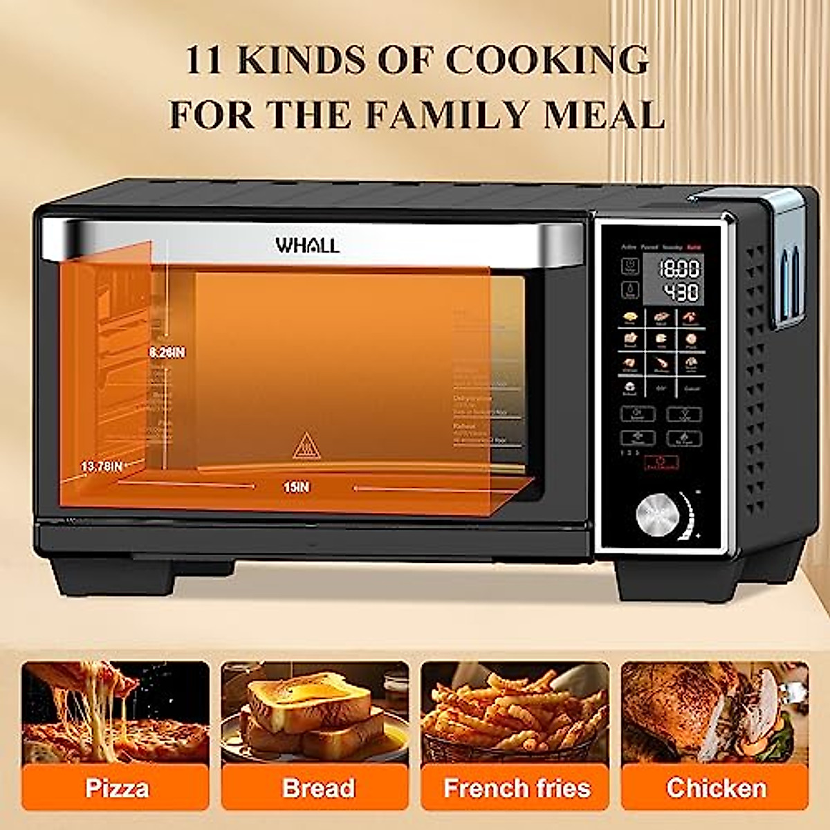 WHALL Toaster Oven Air Fryer, Max XL Large 30-Quart Smart Oven,11-in-1 Toaster Oven Countertop with Steam Function,12-inch Pizza,6 slices of Toast, 4 Accessories Included, Stainless Steel /1700W/BLACK