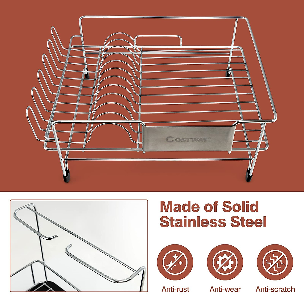 Giantex Stainless Steel Dish Rack, Expandable Dish Drainer Rack with Cutlery Cup Glass Holder, Removable Drip Tray, 360-Degree Swiveling Spout, Rust Proof Dish Dryer Rack for Kitchen Counter