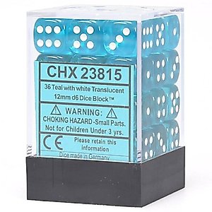 Chessex Translucent 12Mm D6 Teal/White Dice Block (36 Dice),23815CHX