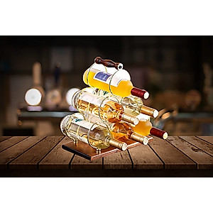 Fadak Countertop Wine Rack, Tabletop 6 Bottles Wood Wine Holder, Sturdy Handle, 3-Tier Rustic Classic Design, Simple Assembly, Wood & Metal (Gold)