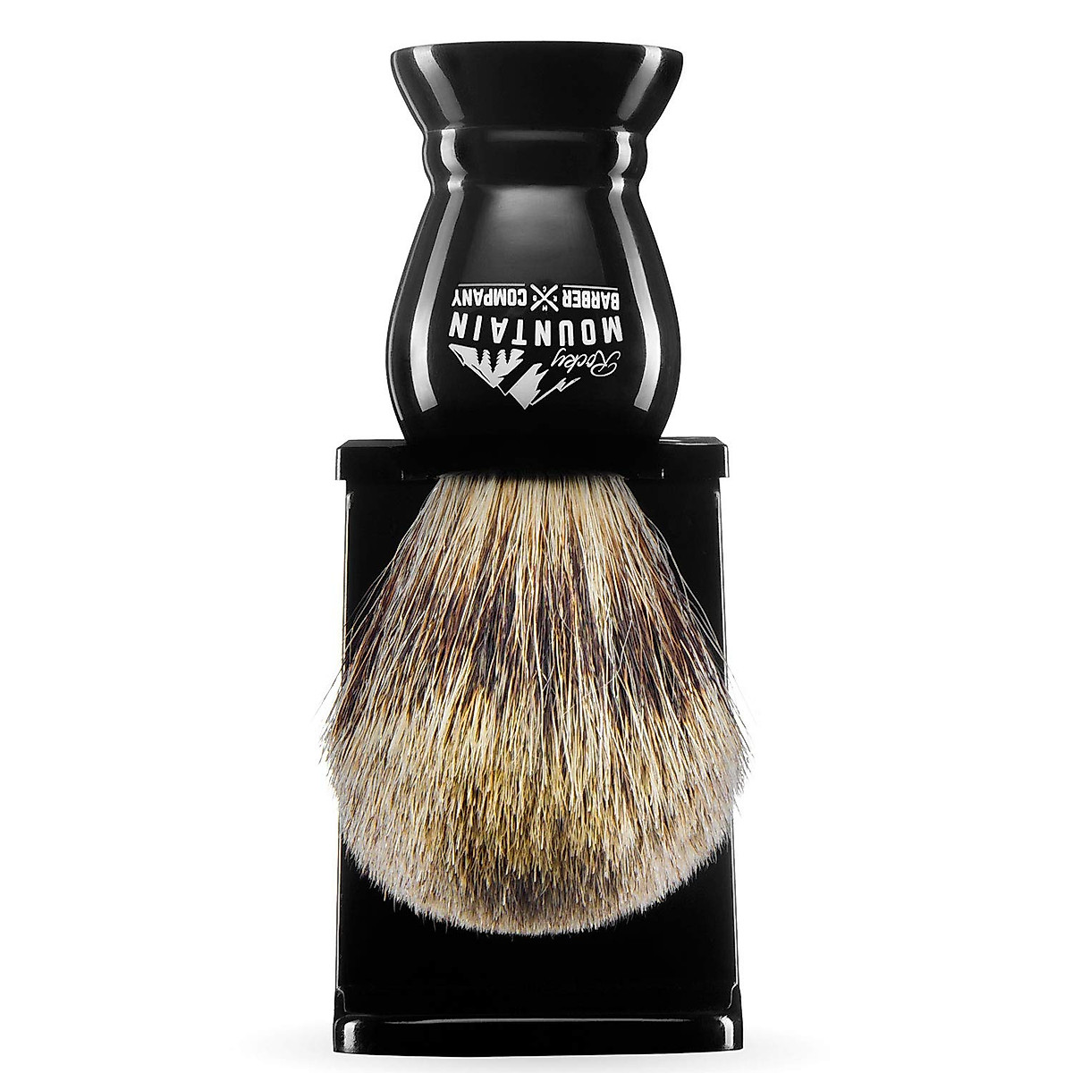 Shaving Brush with Stand - Rocky Mountain Barber Pure 100% Best Badger Hair Barber Grade with Black Heavy Duty All-Resin Handle and Oversized Bristle Head For Better Shaving Cream Lather
