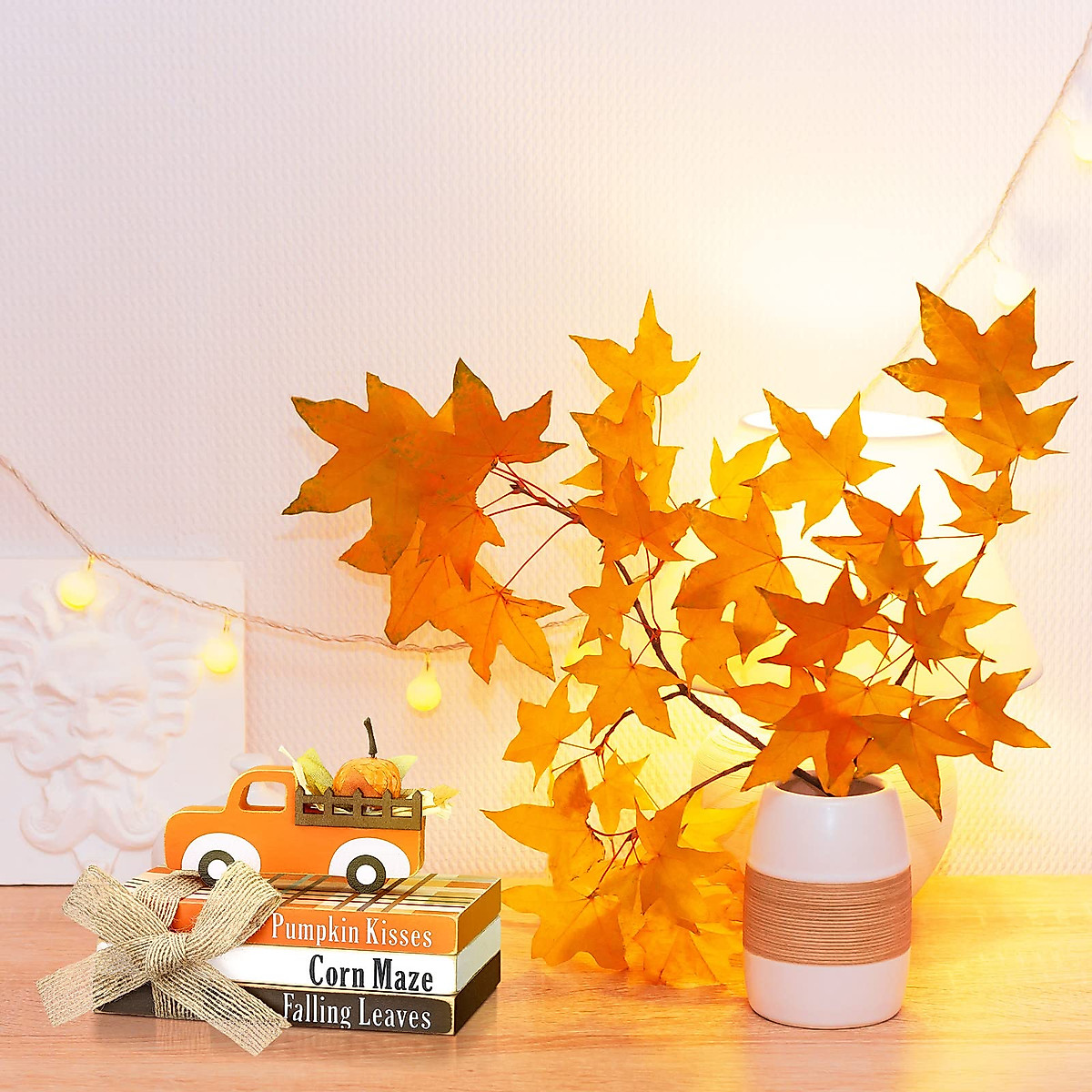 Queekay Tiered Tray Decor, Decorative Fake Book Decor Rustic Wooden Fake Old Books Home Mantle Decor for Spring Summer Fall Table Shelf Mantle Decorations(Fall)