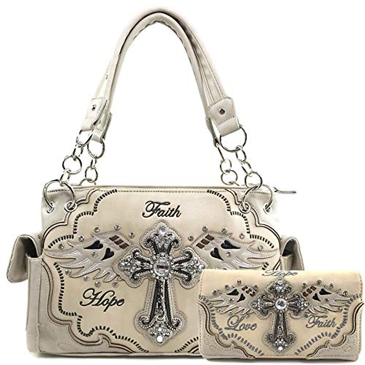 Justin West Women's Concealed Carry Angel Wings Cross Faith Hope Love Western Handbag Tote Purse (Beige Handbag Wallet Set)