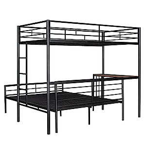 MOEO Twin Over Full Metal Bed with Desk and Ladder for Kids, Adults, Bedroom, Steel Bunk Bedframe w/Slats, No Box Spring Needed, White, Black
