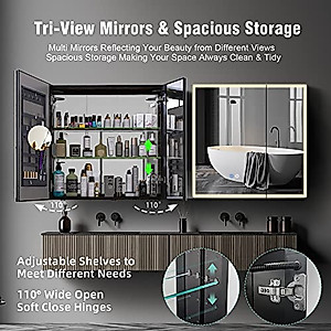 VESLINY Medicine Cabinets 30x32 LED Lighted Medicine Cabinet with Mirror for Bathroom Double Doors with Flip-Out Magnifying Mirror Door Storage Defogger Dimmable Lighting Black Surface Wall Mount