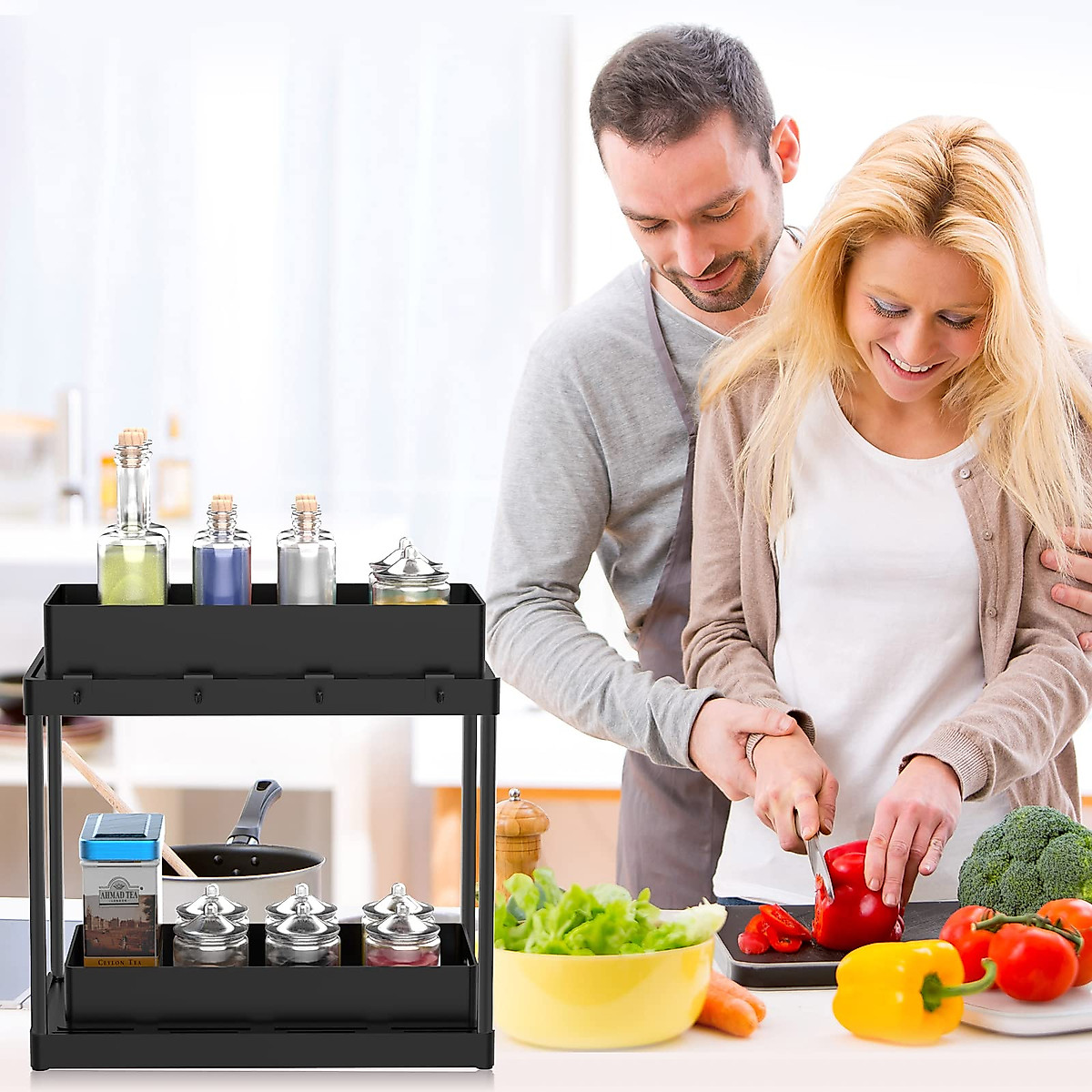 Under Sink Organizer with Dual Sliding Drawers, 2 Tier Under Kitchen Sink Organizers and Storage with 4 Hooks, Slide Out Under-Sink Storage for Bathroom Organizer, Kitchen Organization (Black)