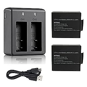 VVHOOY Action Camera Battery Pack 2 Pcs 3.7V 900mAh Rechargeable Li-ion Batteries with USB Charger, Compatible with SJCAM SJ4000 SJ5000/Victure AC700 AC900/AKASO EK7000/Brave 4/APEMAN