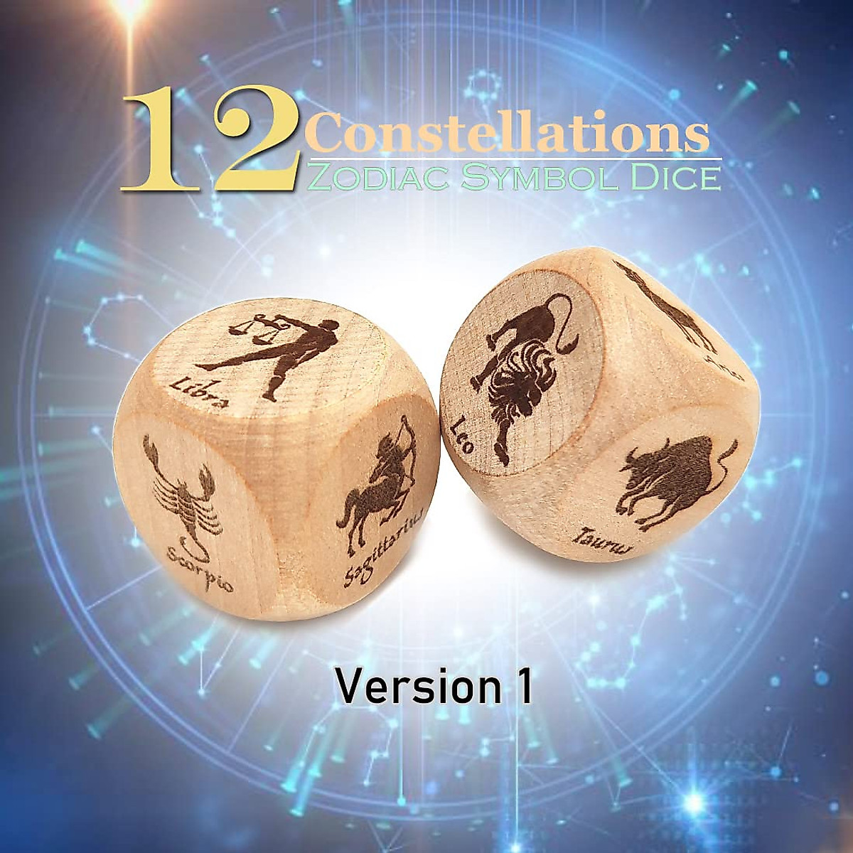Hometu Creative 30MM Wooden Constellation Dice Set, Laser Engraved 6-Sided Wood Big Zodiac Dices for Constellation Divination Accessory (2Pcs/Set(1Pair), V1)