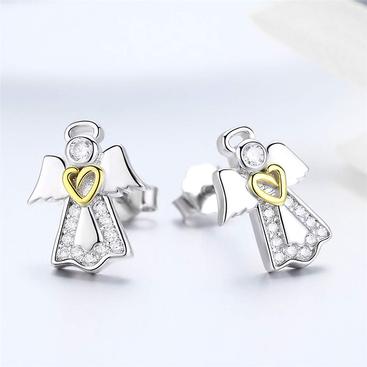 CZ Angel Stud Earrings for Women 925 Sterling Silver Cubic Zirconia Small Cute Crystal Gold Heart Studs Tragus Post Hypoallergenic Lovely Jewelry Gift for Daughter Niece