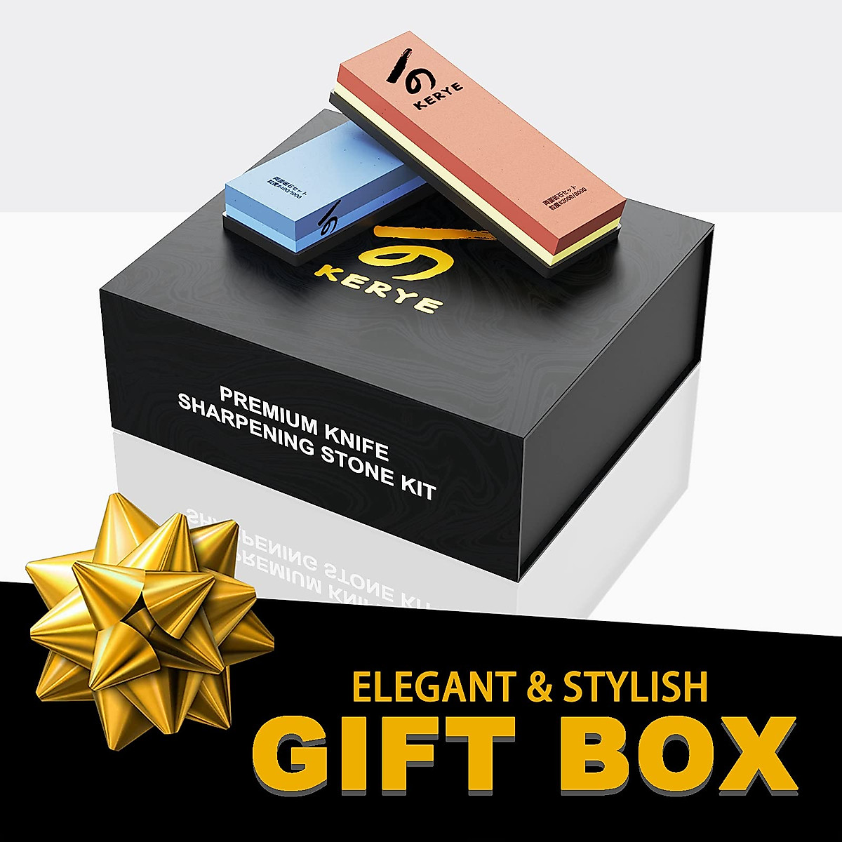 KERYE Japanese Whetstone Sharpener Set - 400/1000 3000/8000 Grit Water Stones, Flattening Stone, Honing Guide, Cut Resistant Gloves