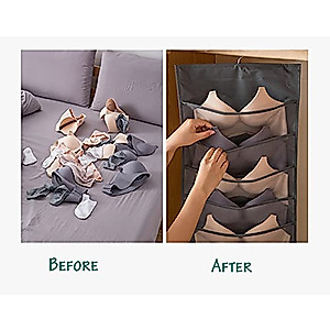 YUNZSXJY Durable Hanging Closet Organizer for Underwear Double Sided with Mesh Pockets,Space Saving Storage Pocket Bra Clothes Socks Organizer Home Basics. (Gray, 2PCS 6+6 Pockets)
