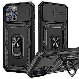 Goton Armor Case for iPhone 13 Pro Max & iPhone 12 Pro Max Case with Sliding Camera Cover & Stand, Heavy Duty Shockproof Protective Rugged Phone Case with 360-degree Rotatable Ring Kickstand - Black