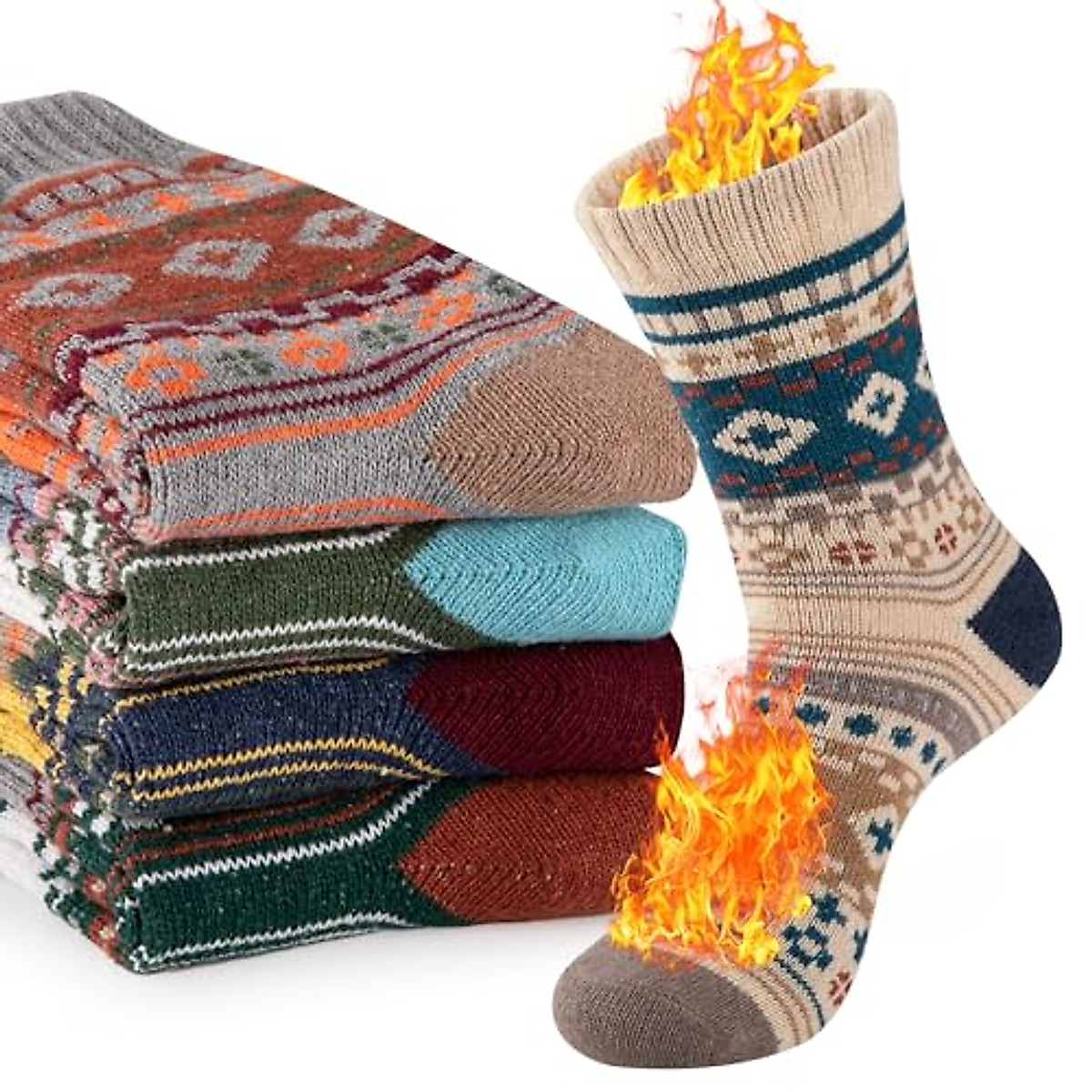 COOVAN Mens Wool Socks 5 Pairs Warm Thick Winter Wool Socks for Men Hiking Cozy Knit Thermal Crew Socks