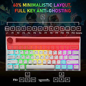 Bluetooth Mechanical Gaming Keyboard with 19 RGB Backlight Mini 61 Key Multimedia Knob Rechargeable 4400mAh Battery Type C Wired/Wireless for PC Mac Mobile Phone Gamer Typist (White/Blue Switch)