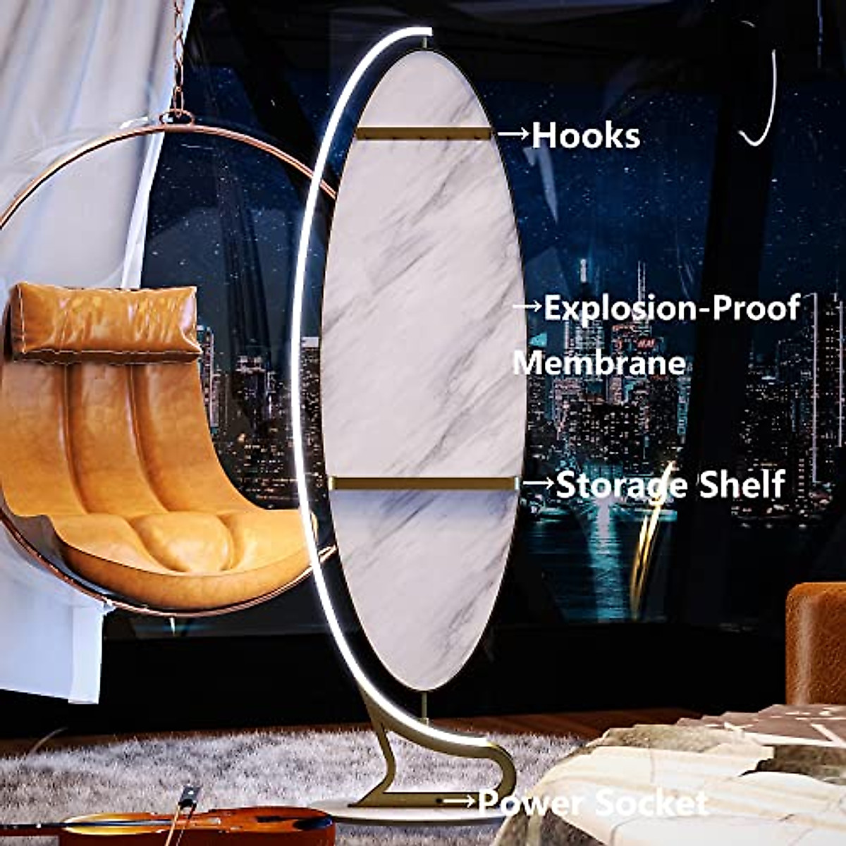 ANYHI 73 x 23 Inch Standing LED Mirror Full Length, Full Length Mirror with Lights, 360°Swivel Large Full Body Mirror with Lights, Lighted Free Standing Up Floor Mirror Full Length (Gold)