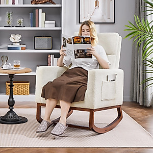 Yaheetech Boucle Living Room Chair, Modern Upholstered Rocking Accent Chair, Glider Chair Nursery Chair with Side Pocket and High Back Armchair for Living Room Bedroom Lounge, Ivory