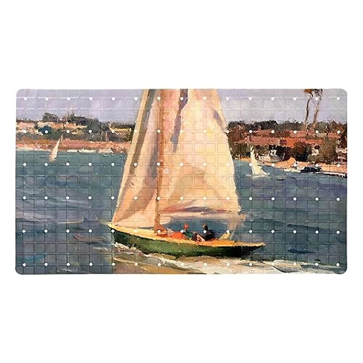 Non Slip Bathtub Mats with Suction Cups, Bath Tub Shower Mat for Bathroom, Machine Washable Bathroom Mats with Drain Holes(Oil Painting Sailboat)