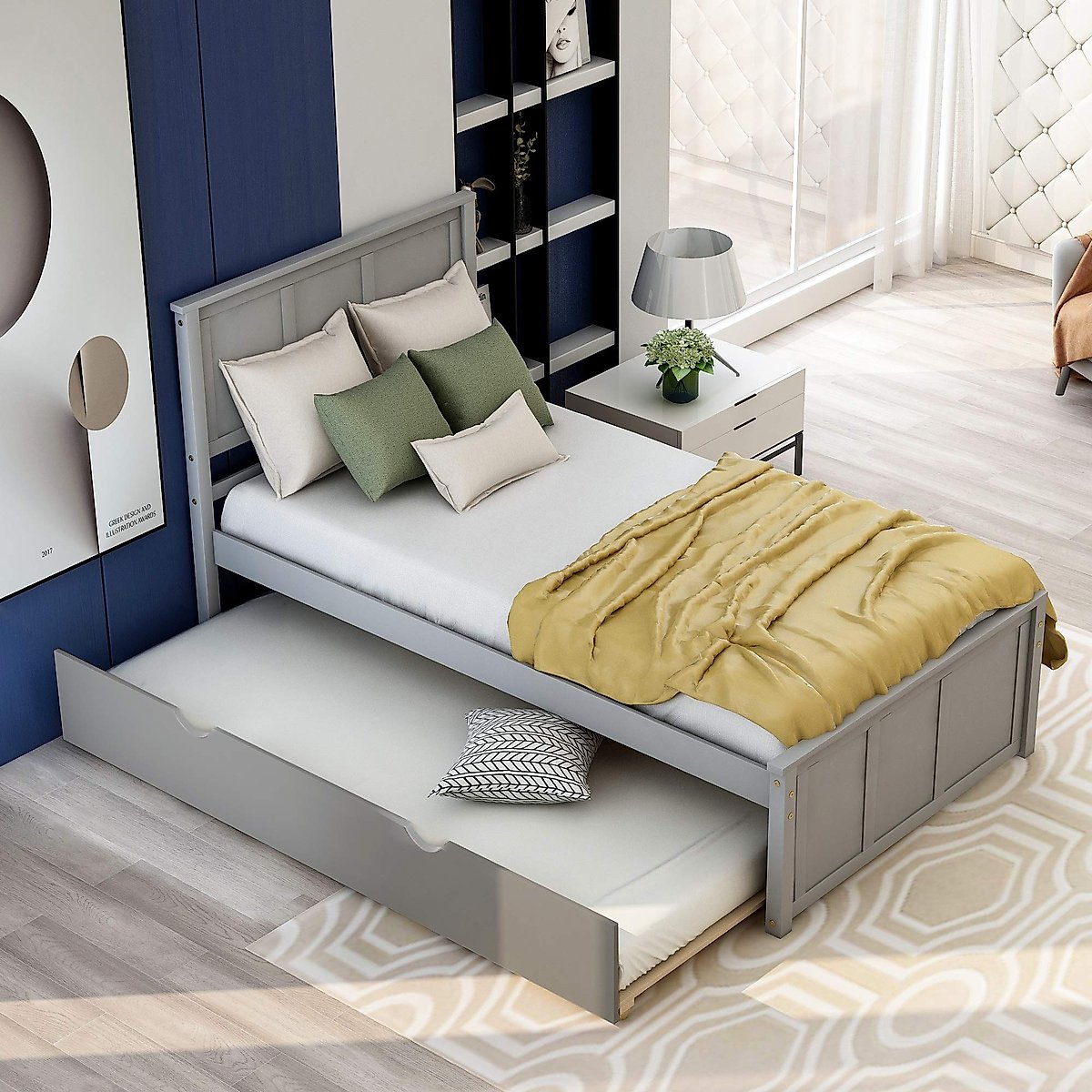 P PURLOVE Twin Size Bed Frame with Trundle,Wood Platform Bed with Twin Size Trundle Bed,Twin Platform Bed Frame with Headboard with Slat Support, No Box Spring Need