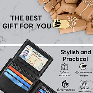 Travelambo Black Wallet for Men, Premium Genuine Leather RFID Blocking Mens Wallet, 10 Credit Card Holder Minimalist Front Pocket, Mens Bifold Wallet with 2 ID Window