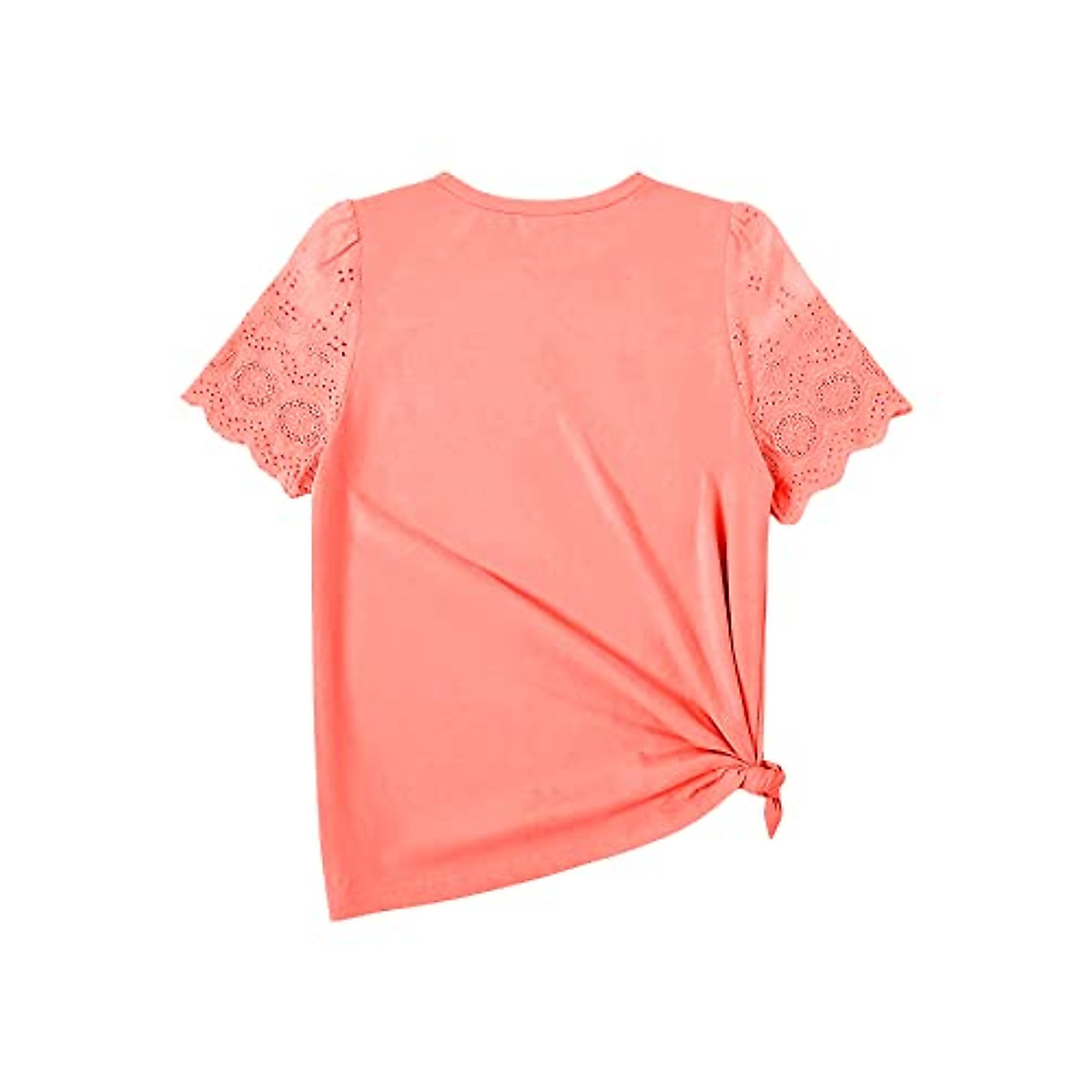 SweatyRocks Women's Eyelet Embroidery Short Puff Sleeve Top Round Neck Plain Tee Shirt Watermelon Pink S