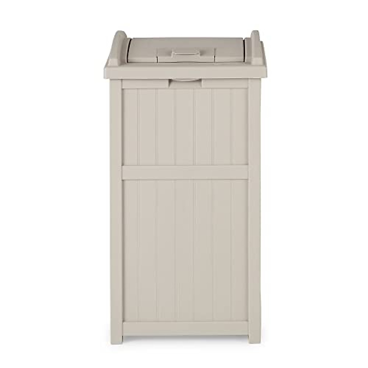 Suncast 33 Gallon Hideaway Trash Can for Patio - Resin Outdoor Trash with Lid - Use in Backyard, Deck, or Patio - Taupe