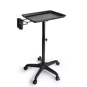 Hair Salon Tray Cart on Wheels, Aluminum Beauty Rolling Salon Tray Instrument Tray Stand, Adjustable Height Mobile Utility Salon Folding Storage Tray Trolley for Salon Beauty Spa (Black)