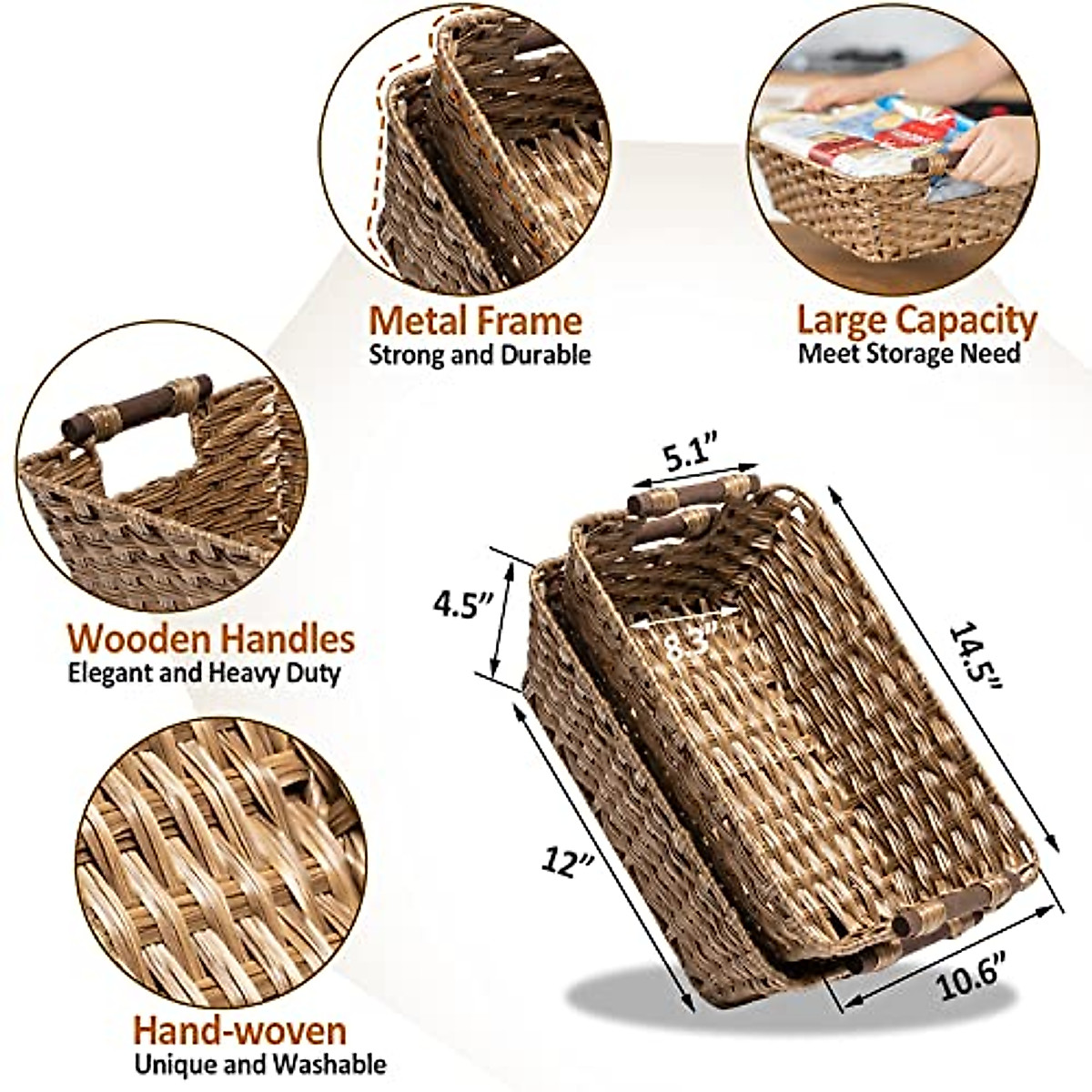 ROSOS Wicker Baskets 2 Pack, Washable Big Wicker Baskets for Storage with Wooden Handles, Waterproof Plastic Wicker Storage Basket for Shelves, Large Wicker Basket in Size 14.5"x10.6"x4.5", Brown