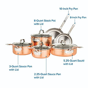 Viking Culinary 3-Ply Stainless Steel Hammered Copper Clad Cookware Set, 10 Piece, Oven Safe, Works on Electronic, Ceramic, and Gas Cooktops