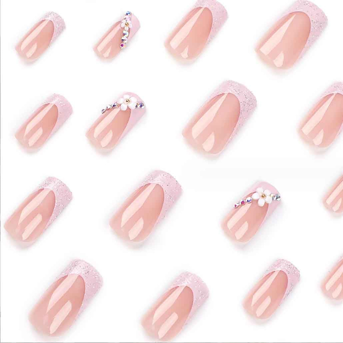 Foccna 3D Flower Fake Nails Square Pink French Press on Nails Long Bling Glossy Rhinestone False Nail Tips Artificial Nails Finger Manicure for Women and Girls 24pcs
