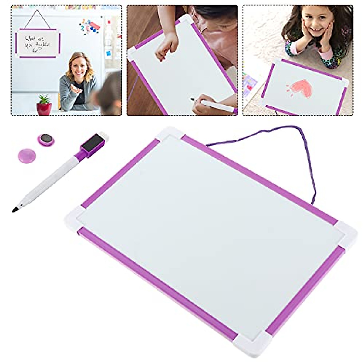 Operitacx Small Dry Erase Whiteboard, Magnetic White Board with Marker, Magnetic Hanging Whiteboard, Portable Mini Double Sided White Board for Drawing, Memo Board (Purple)