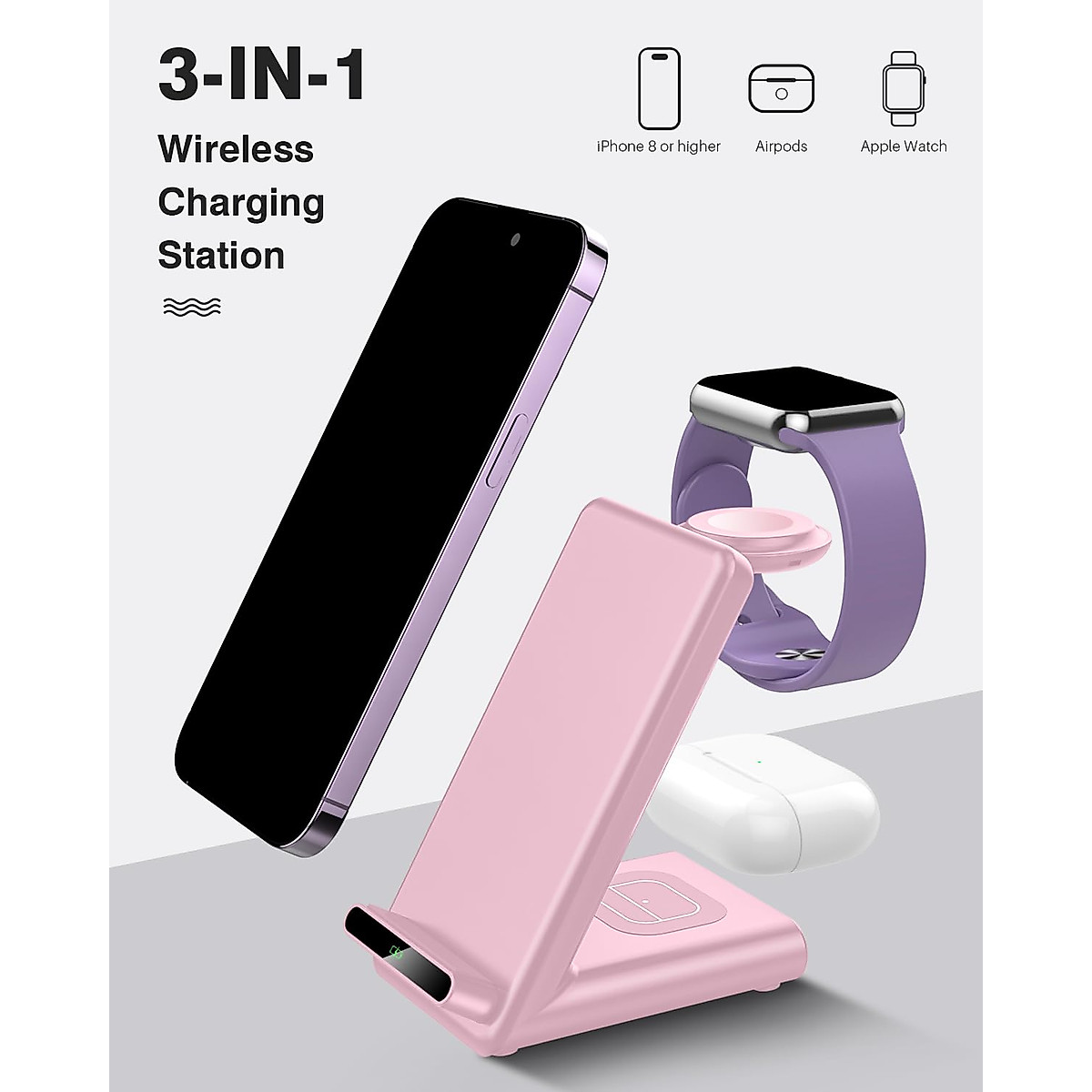 Wireless Charging Station,3 in 1 Wireless Charging Stand Made for Apple Watch Ultra 9 8 7 6 SE 5 4 3,Fast Wireless Charger Made for iPhone 15/Plus/Pro Max/14/13/12/11/X,for AirPods Pro(with Adapter)