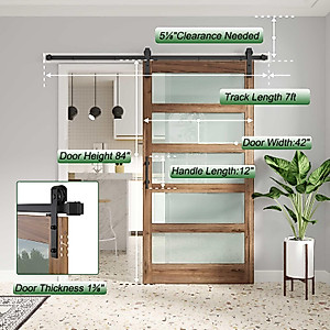 FREDBECK 42 x 84 inch Glass Barn Door with 7FT Barn Door Hardware Kit Included,5-Panel Frosted Glass, Water-Proof Surface,Pre-Drilled Holes,Need Assembly,Fit 38in-41in Opening