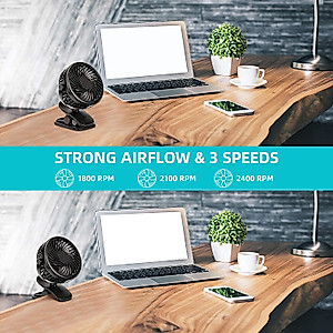 RJVW Stroller Clip On Fan, 3 Speed Rechargeable Battery Powerd USB Desk Fan, 4 Inch Table Cooling Fan, 360° Rotate Desktop Fan, Strong Wind Portable Fan for Home Office Treadmill Baby Stroller