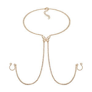 D.Bella Fake Nipple Piercing with Chain for Women Sexy Non Piercing Nipple Ring with Butterfly Necklaces Adjustable Jewelry