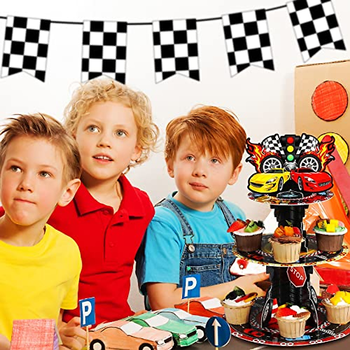 3 Tier Race Car Party Decorations Cupcake Stand Truck Car Party Favors Cupcake Holder Car Theme Dessert Stand Racing Truck Party Dessert Tower for Boys Kids Birthday Race Car Party Supplies Decor