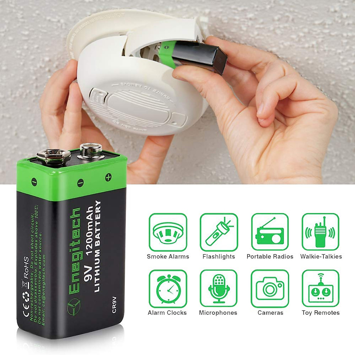 Enegitech 9V Lithium Battery, 9 Volt Lithium Battery 1200mAh for Smoke Detector, Fire Alarm, Keyless Entry Door Lock, Multimeter, Metal Detector Non-Rechargeable 4 Pack