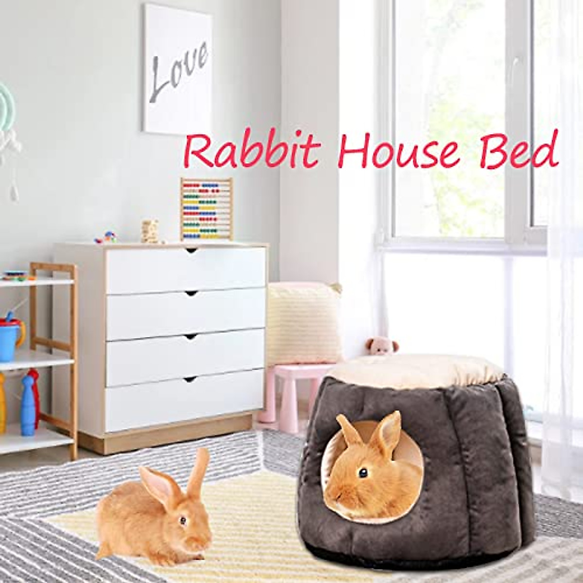 HERCOCCI Extra Large Rabbit Bed House, Foldable & Warm Bunny Hideout Hut Cave for Guinea Pig Rabbit Chinchilla Hamster Cage Accessories (Grey)
