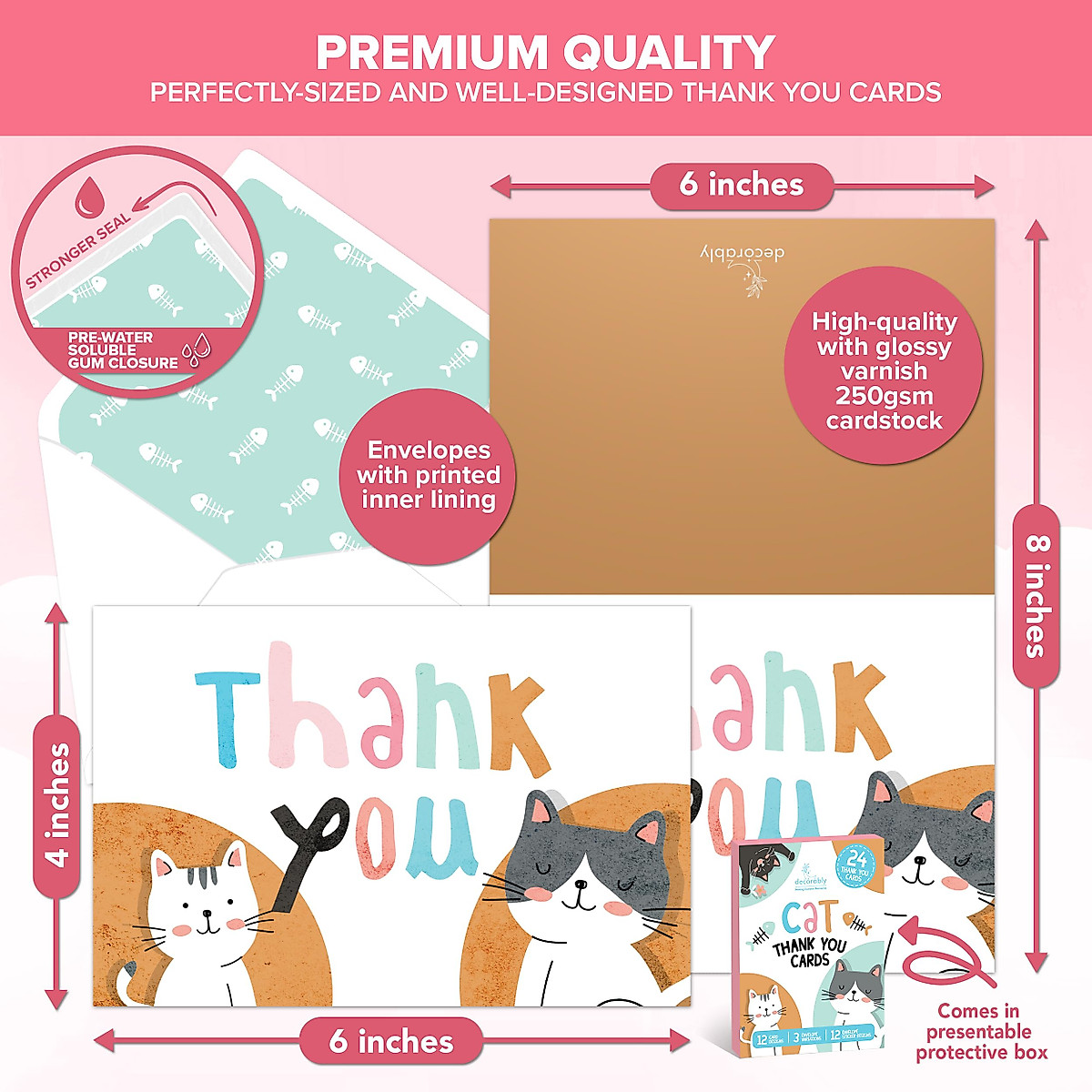 Decorably Thank You Cards with Envelopes & Stickers, Animal-Themed Cards - 24 Pack Cat Thank You Cards, Blank Inside Thank You Cards Cats, 6x4in Thank You Cards with Envelopes Cats