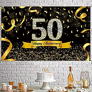DARUNAXY Black Gold 50th Anniversary Party Decorations Happy 50th Anniversary Banner Cheer to 50 Years Backdrop 50 Wedding Anniversary Party Supplies for Parent 50th Anniversary Photography Background