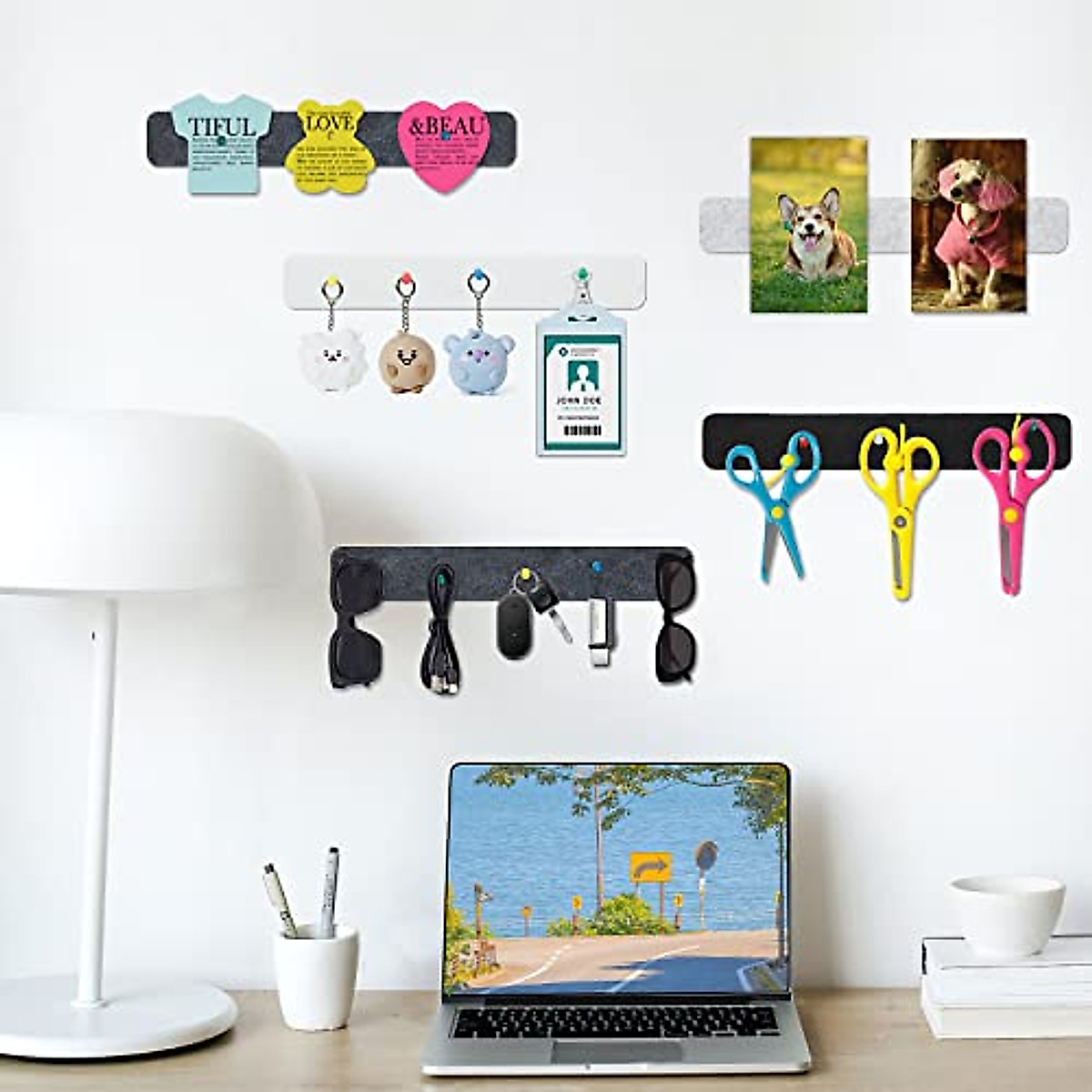 8 Packs Strips Felt Bulletin Board Bar with 50 Push Pins for Office Home,Self-Adhesive Felt Cork Board Bar Strips for Paste Notes, Photos, Schedules(Black,White,Gray)