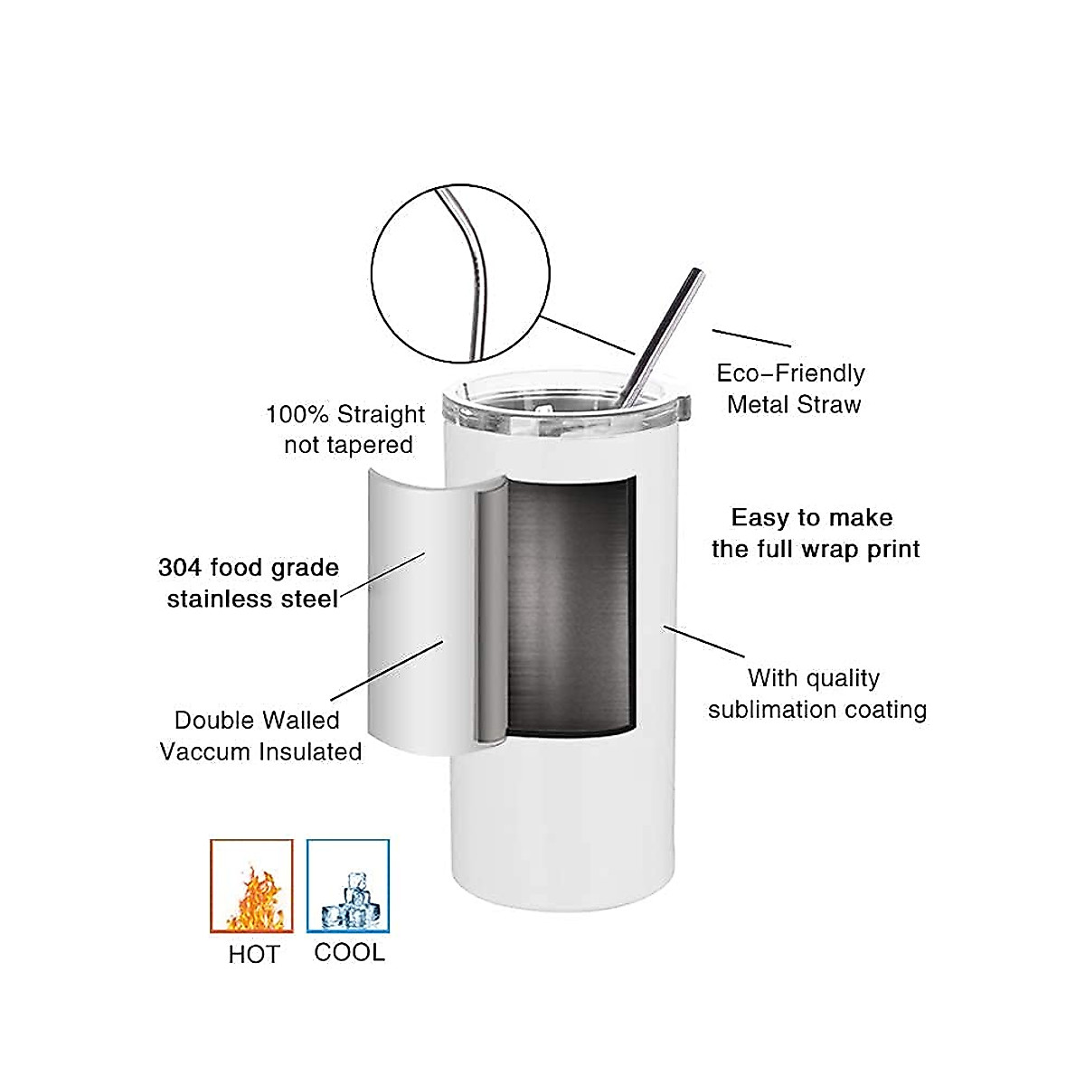 PYD Life Sublimation Blanks Tumbler Skinny Slim 12 OZ Straight Stainless Steel Can Cooler Insulater with 2 Lids and Metal Straw Sublimation Mugs Cups 4 Pack