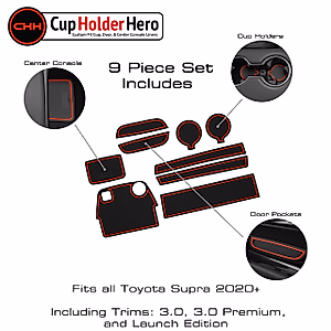 CupHolderHero fits Toyota Supra Accessories 2020-2024 Premium Custom Interior Non-Slip Anti Dust Cup Holder Inserts, Center Console Liner Mats, Door Pocket Liners 9pc Set (Red Trim)