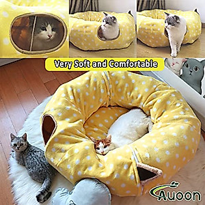 AUOON Cat Tunnel Bed with Central Mat,Big Tube Playground Toys,Soft Plush Material,Full Moon Shape for Kitten,Cat,Puppy,Rabbit,Ferret,Yellow