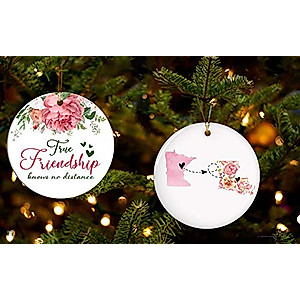 Long Distance Relationship Between Minnesota Louisiana - True Friendship Knows No Distance - Set Of Two 3" Round Ceramic Ornament Gift Ideas For Moving Away Friends Christmas Decoration