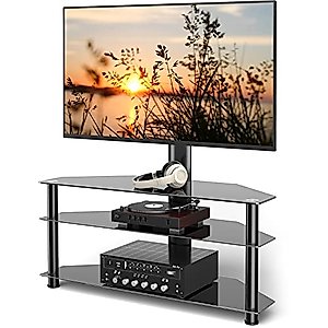 5Rcom Corner TV Stand，TV Stand with Mount with 3 Tier Tempered Glass Shelves for 32-75 Inch TVs, Max VESA 600X400mm, Television Stand