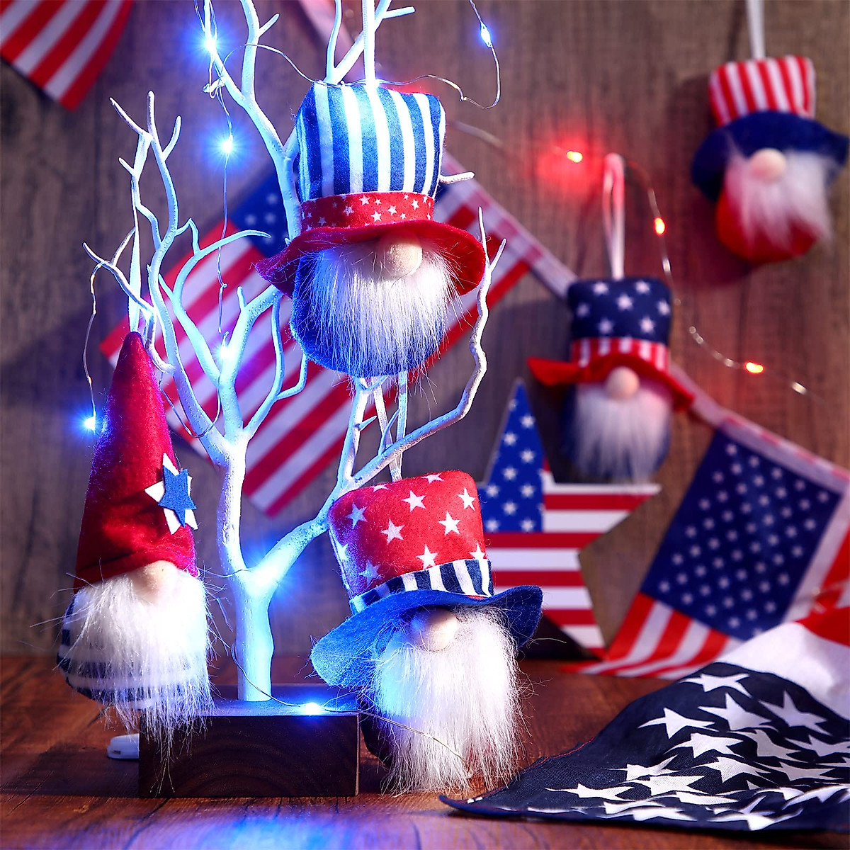 8 Pieces Patriotic 4th of July Gnome Ornaments American Independence Day Decorative Plush Dolls USA Classic Hanging Gnome with 6.6 Feet LED Light Chains for Home Garden Decoration, 8 Styles