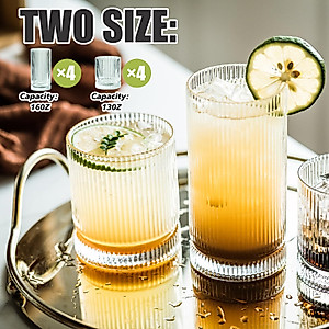 KEMORELA Drinking Glasses Set of 8, Ribbed Glassware, Vintage Fluted Glassware, 4 pcs Ribbed Glasses 16oz Highballs and 4 pcs 13oz Whiskey Glasses, Great for Cocktail, Beverages